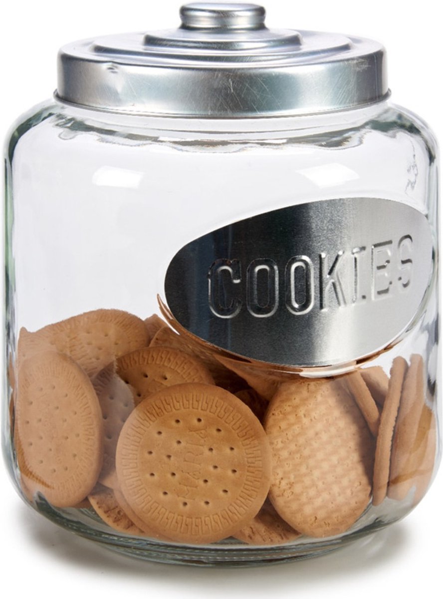 Glazen koektrommel/snoepjes/koekjes voorraad pot met zilverkleurige ...