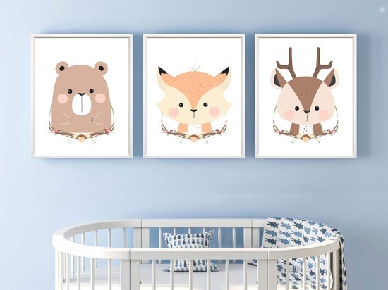 Schilderij Set 3 Lieve vos beer hert – Bos dieren / Bos / 40x30cm | bol.com
