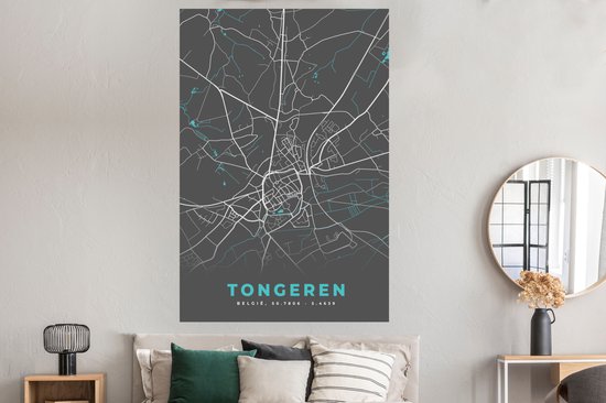Poster Plattegrond – Tongeren – Blauw – Stadskaart - Kaart - 120x180 cm ...