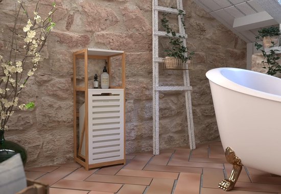 Staand Rek met Wasmand - Bamboe en MDF in Wit - Organizer voor Wasgoed ...
