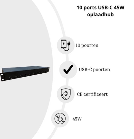10 ports USB-C 45W 1U Rackmount laad hub | bol