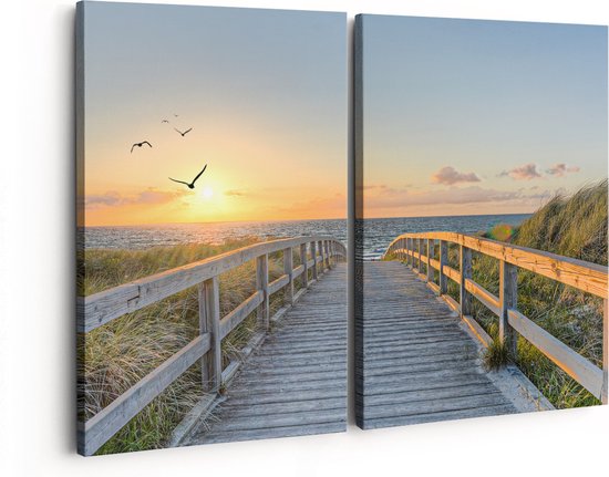 Artaza Canvas Schilderij Tweeluik Voetpad met Zee en Vogels - 160x120 - Groot - Foto... | bol