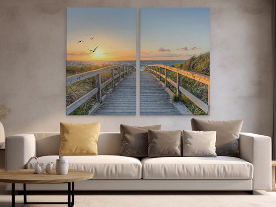 Artaza Canvas Schilderij Tweeluik Voetpad met Zee en Vogels - 160x120 - Groot - Foto... | bol