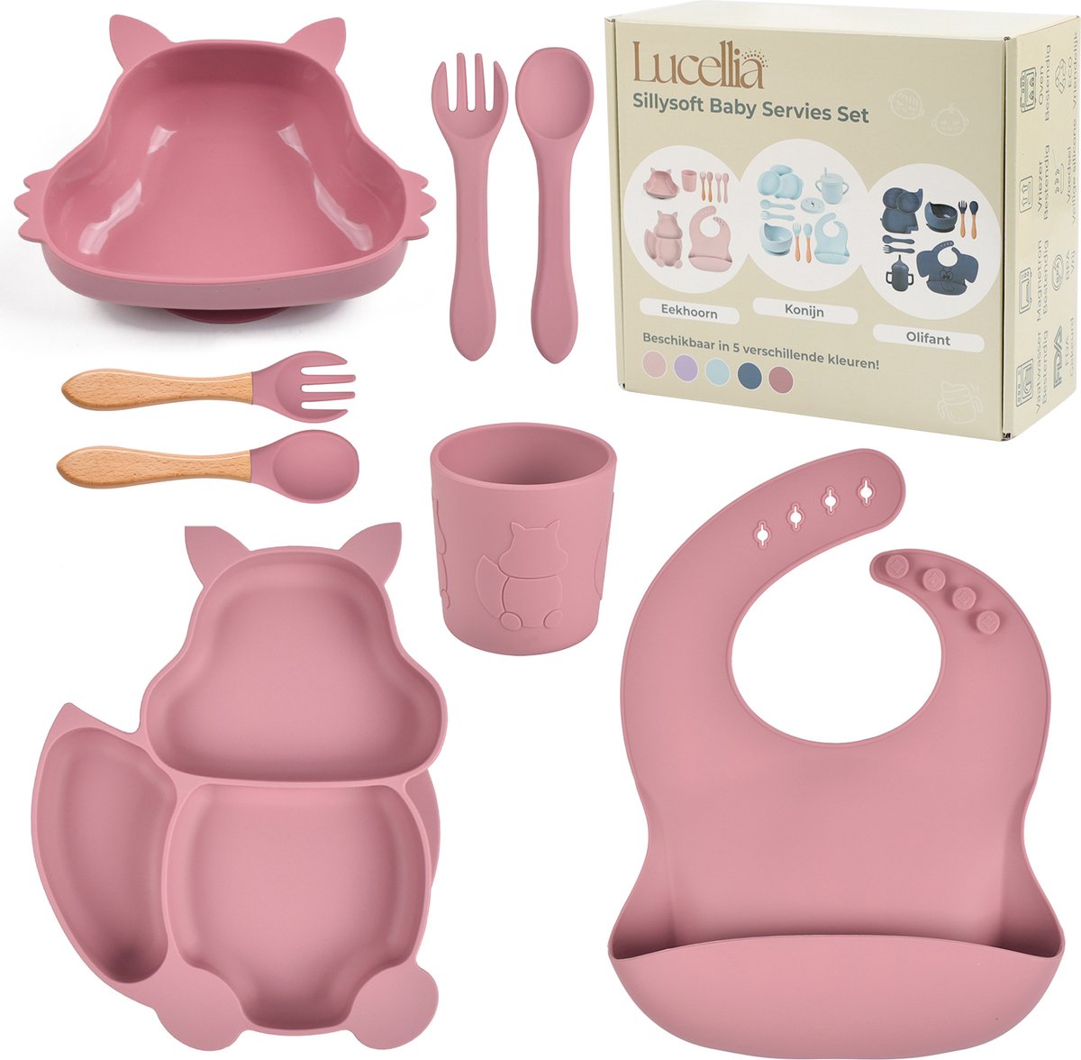 Lucellia siliconen babyservies set – 8 Delig Eekhoorn Roze ...