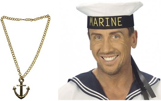 Carnaval verkleed Matrozen hoedje - wit - met gouden anker ketting ...