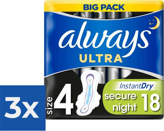 Always Maandverband Ultra Secure Night 18 Stuks - Voordeelverpakking 3 ...