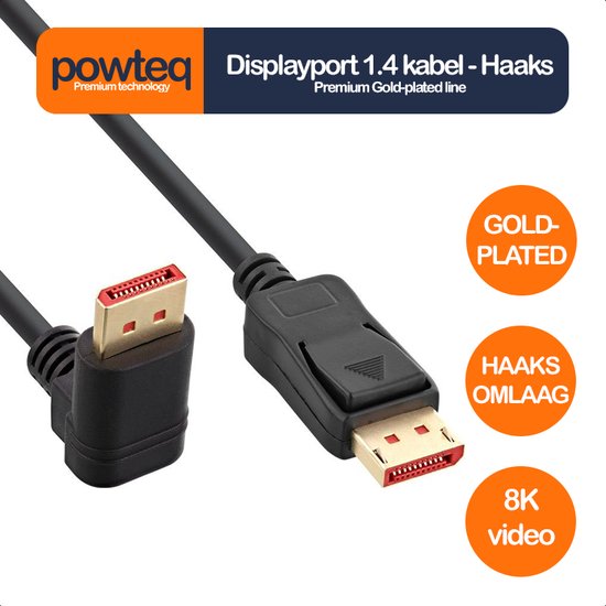 Powteq premium - Displayport 1.4 kabel - 2 meter - Haakse stekker - Gold-plated -... | bol
