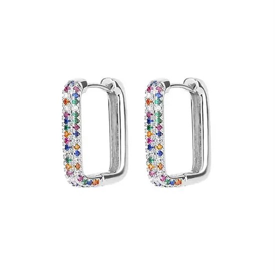 Rechthoekige Strass Oorbellen - Zilverkleurig - Multicolour | bol