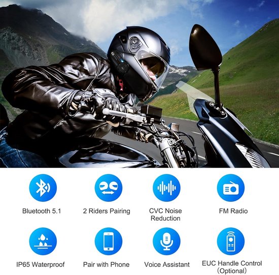 EJEAS - Q2 Motor Intercom - Bluetooth 5.1 Helmheadset met FM - CVC ...