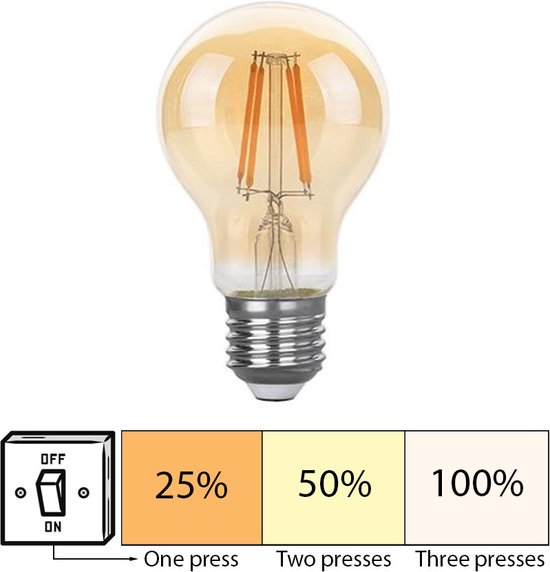 LED Filament lamp 6W | A60 | 3-step Dimbaar | E27 | 2700K - Warm wit | bol