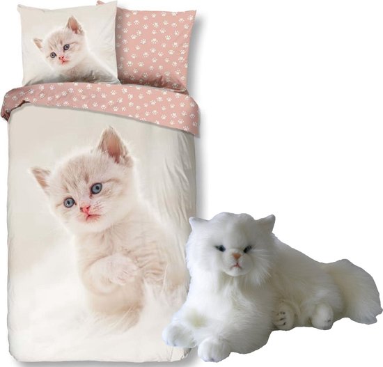 Dekbedovertrek Wit Poesje- Kitten- 140x200/220- Katoen, incl. witte ...