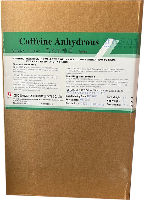 Cafeïne anhydraat poeder 20kg pharma grade caffeine anhydrous | bol