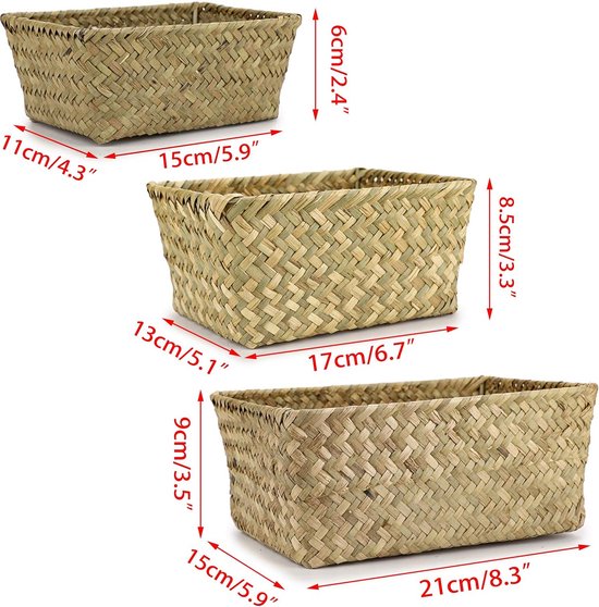 Set of 3 Seagrass Storage Basket, Woven Seagrass Desktop Basket, Rectangular Organiser... | bol