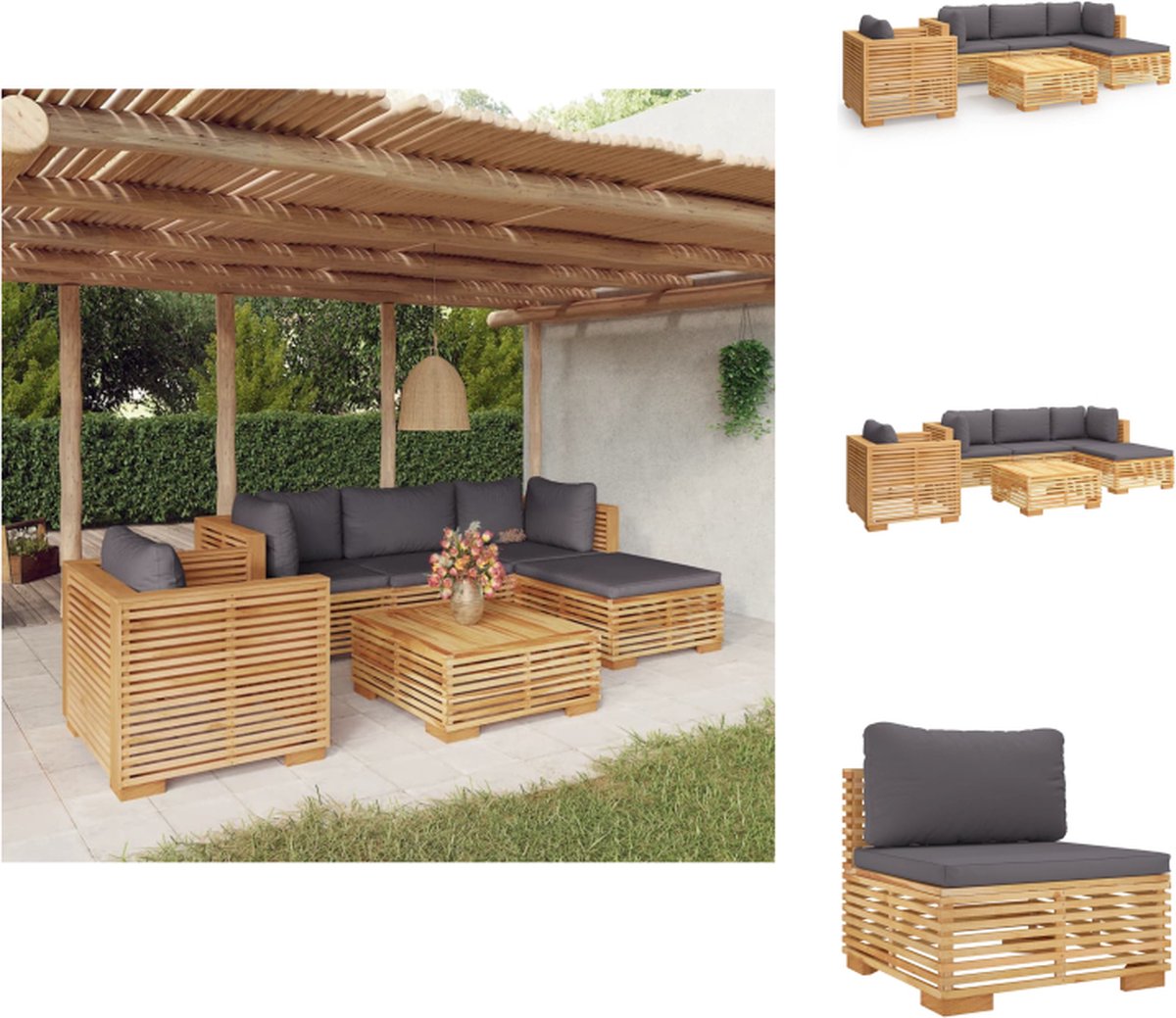 vidaXL Loungeset Tuin - Hout - Teakhout - 5 cm zitkussen - 15 cm ...