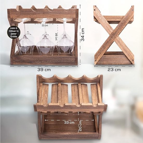 Wijnrek van hout met glazen houder (houten rek voor wijnflessen, glazen ...