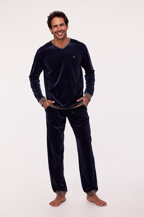 Pyjama Heren Woody Classic met kleine V-hals - Donkerblauw | bol