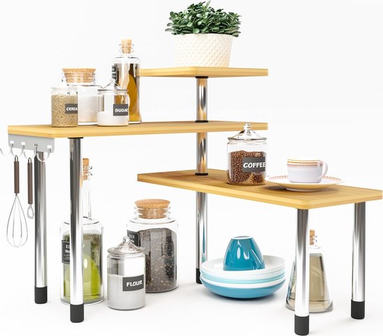 Corner Shelf with 3 Tiers Kitchen Worktop Bamboo Kitchen Corner Shelves ...