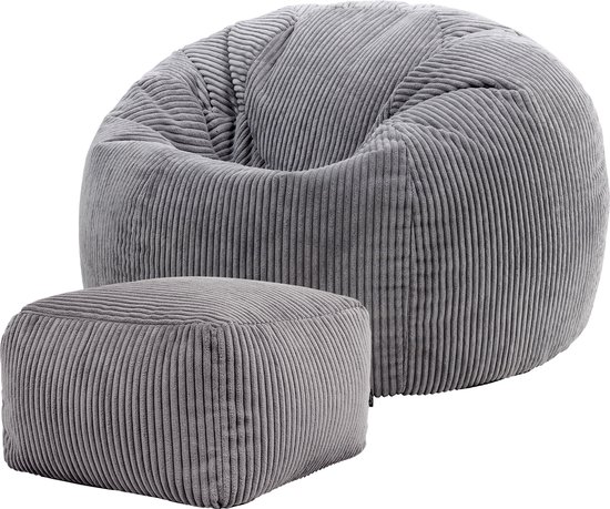 icon “Kingston” Corduroy Zitzakfauteuil en Hocker, Houtskool ...
