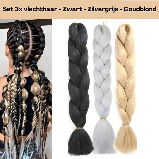 set van 3 stuks - Zwart - Zilvergrijs - Goudblond - haar - vlecht ...