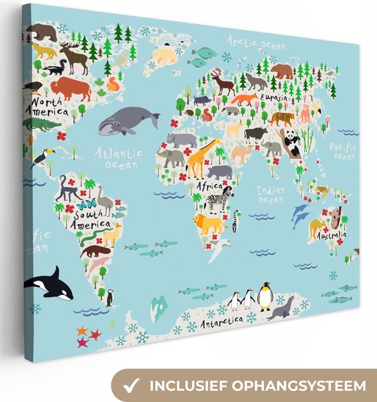 Canvas kinderen - Decoratie kinderkamers - Wereldkaart - Dieren ...