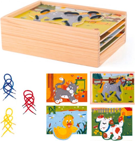 Woody box dieren rijgen met veters | bol.com