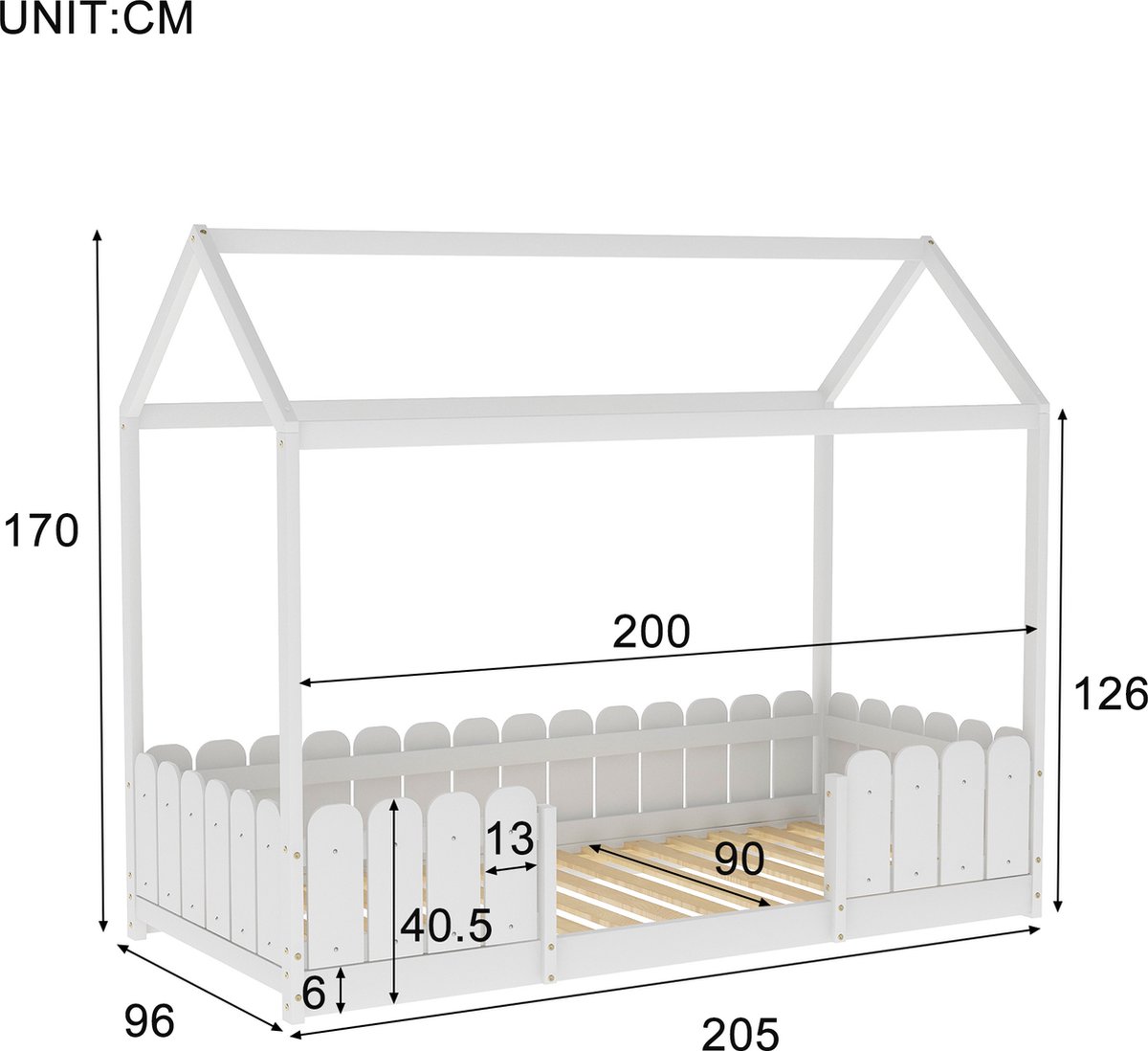 Kinderhuis Bedframe 90 X 200 cm - Houten stapelbed met hek en dakkajuit ...