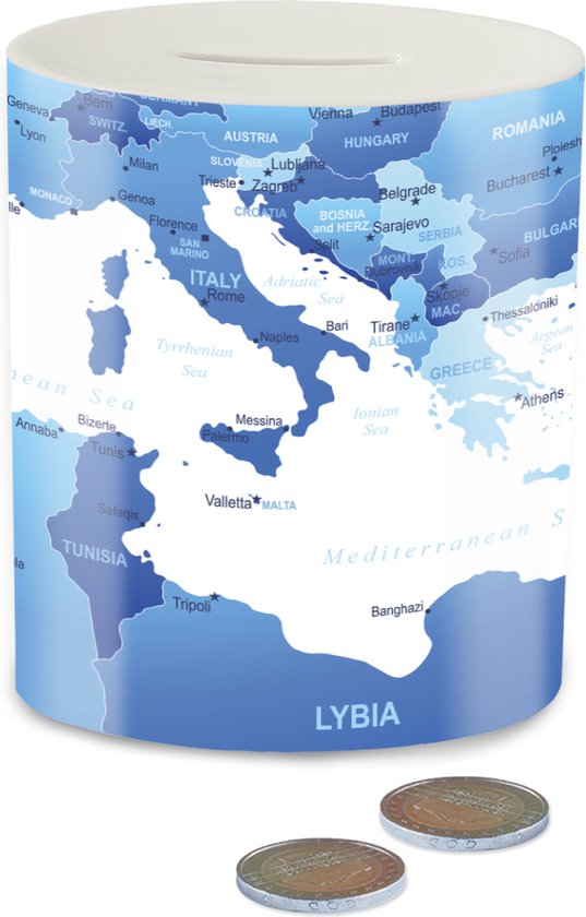 Spaarpot - Spaarblik - Een blauwe tekening van de Middellandse Zee ...