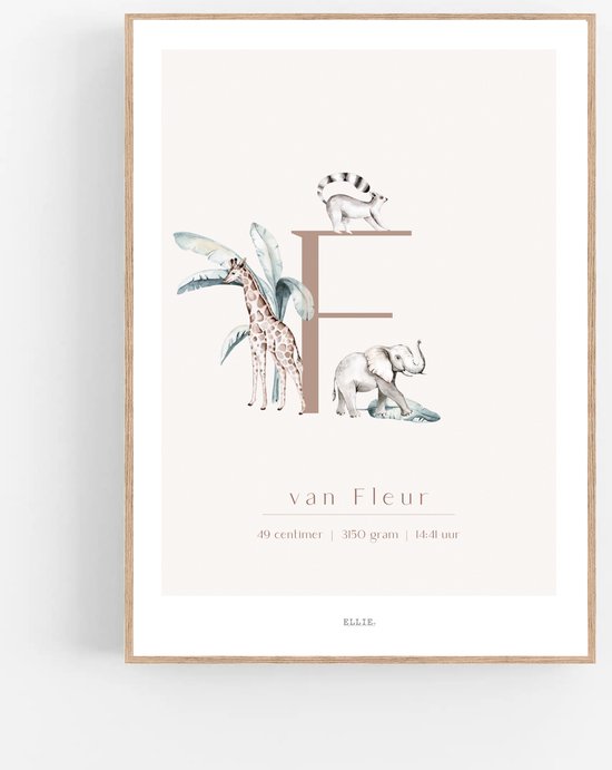 Persoonlijke geboorte poster met naam | Naamposter Jungle dieren - 40 x ...
