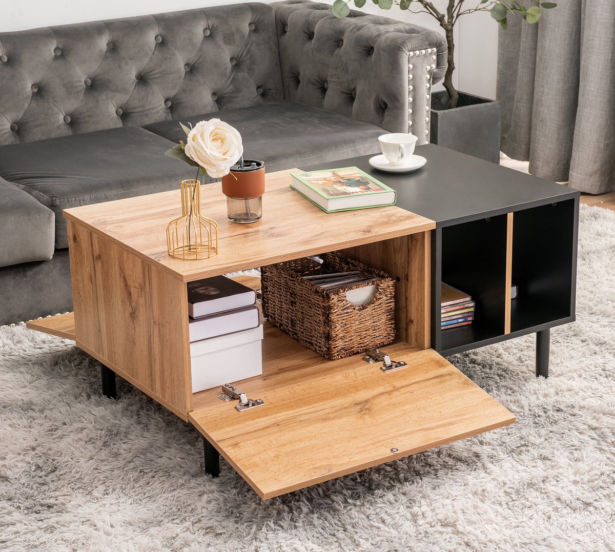 Salontafel zwart en houtkleur-Vierkante woonkamertafel met opbergruimte ...