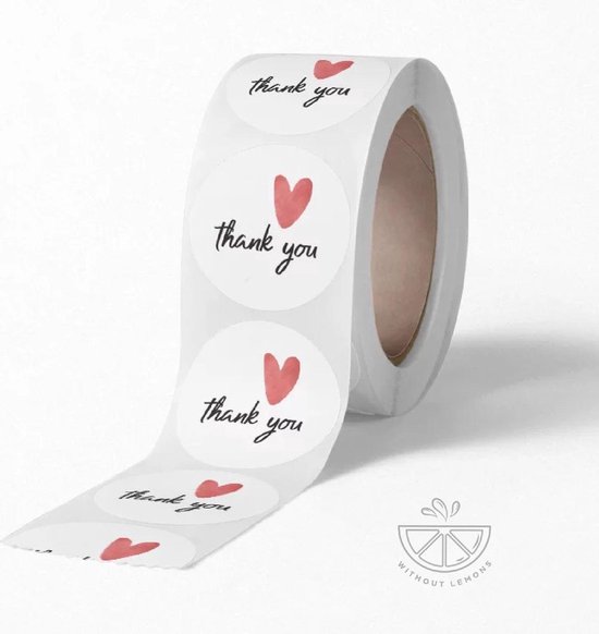 Without Lemons Thank You Wit met Hartje Sluitsticker 500 stuks (2.5CM) | Bedankje |... | bol