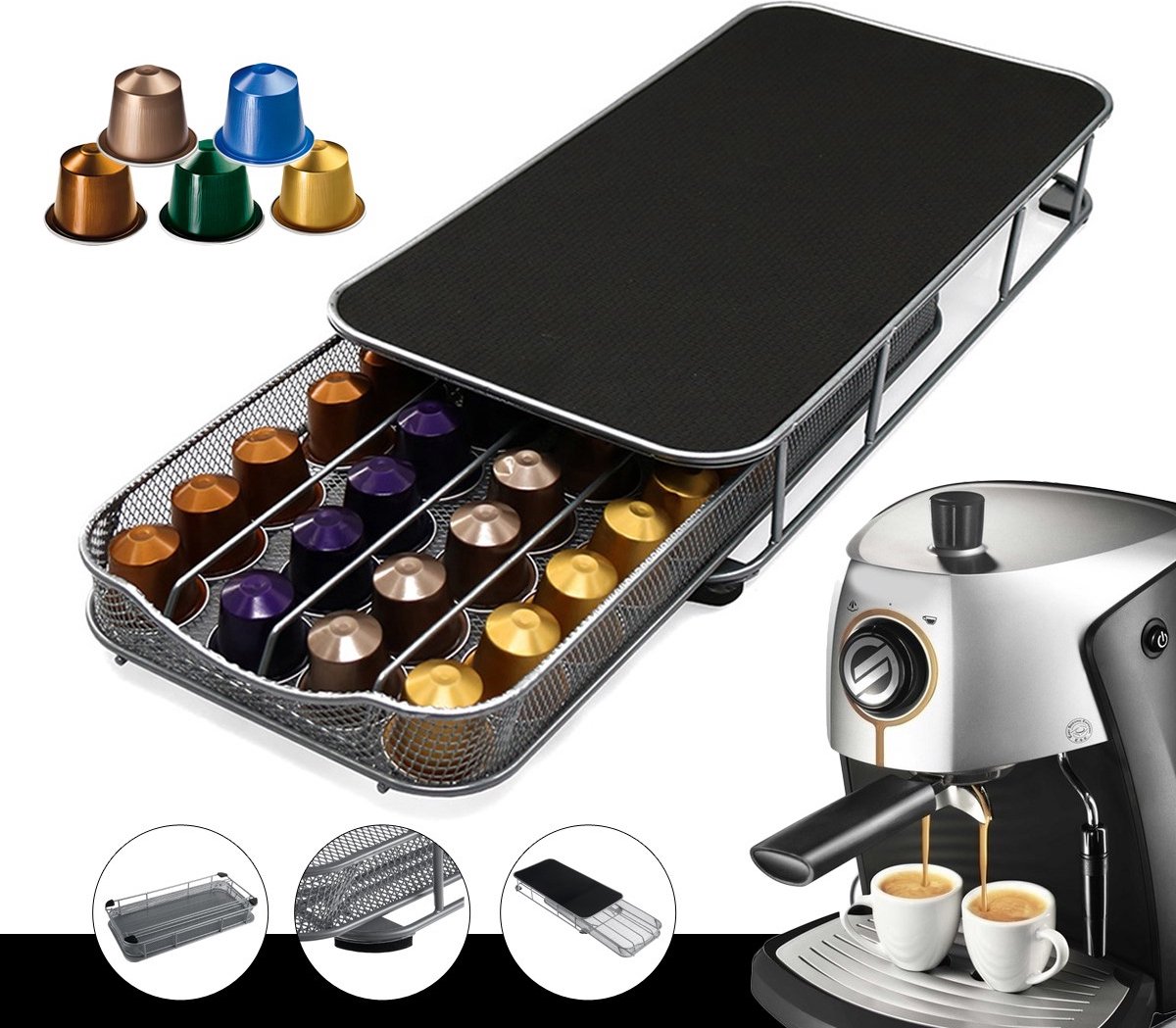 Capsule Houder - Koffiepadhouder met lade-Metaal ijzer-voor 40 cups ...