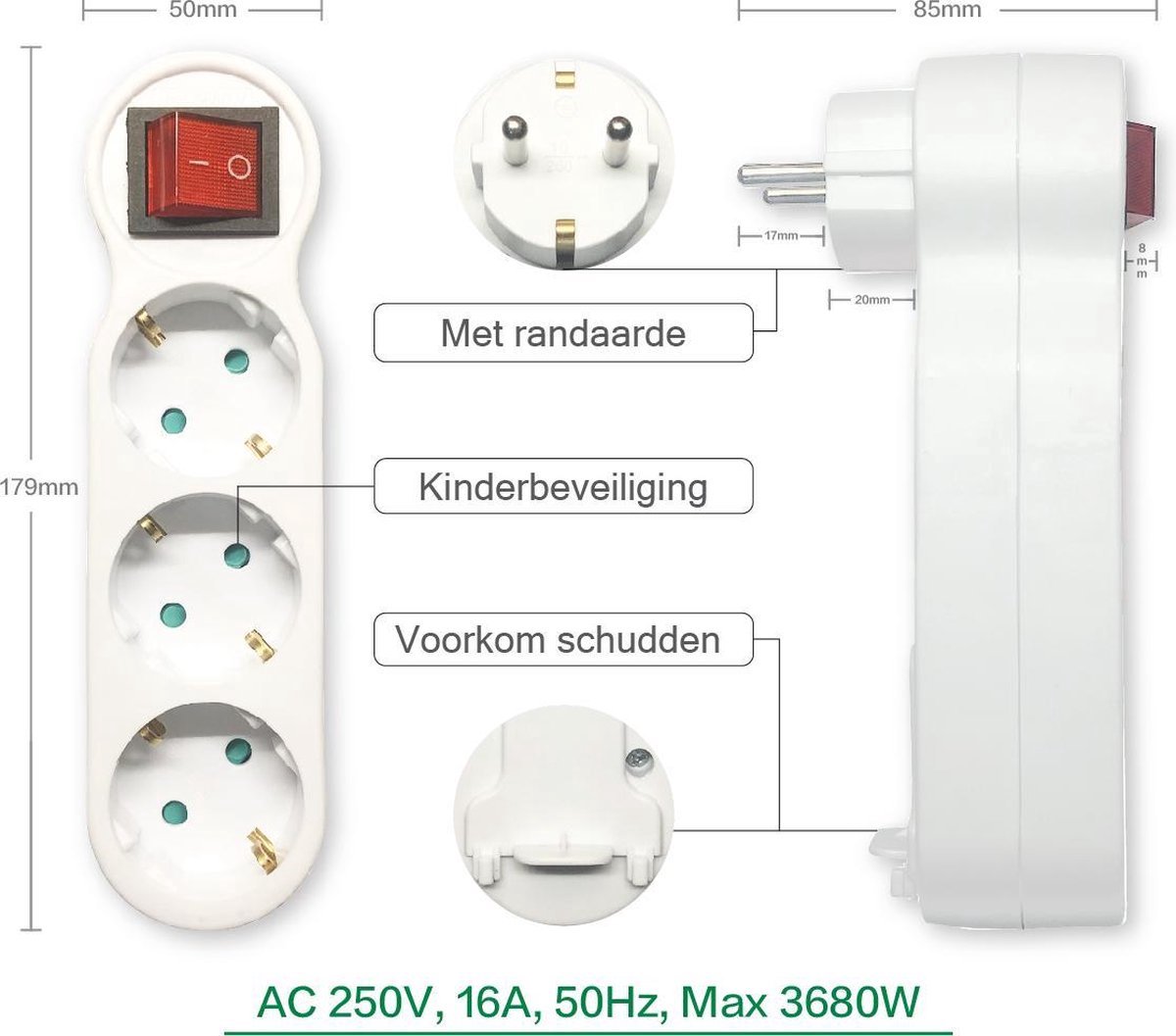 Stopcontact 3 voudig Met schakelaar - Wit - verticaal - Verloopstekker ...