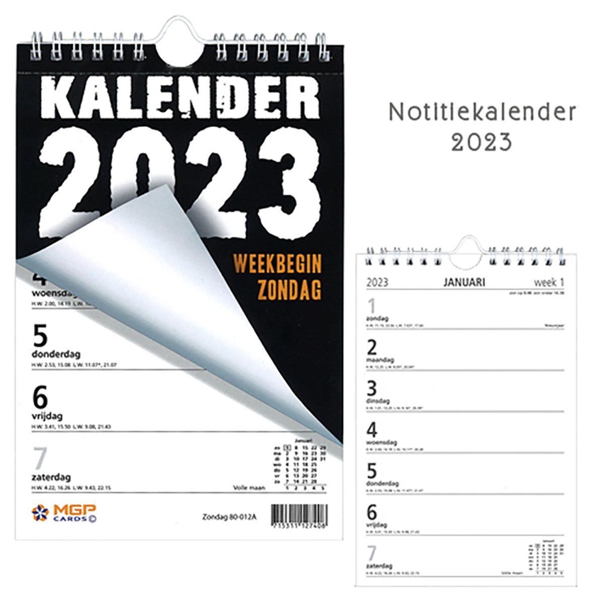 Weekkalender 2023 met Spiraal ZWART (13.5cm x 20cm) begint op zondag ...