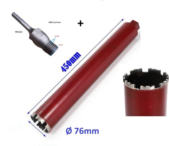 SDS-Plus Adapter + Kernboor diamantboor betonboor Ø 76mm x 450mm gatenboor... | bol