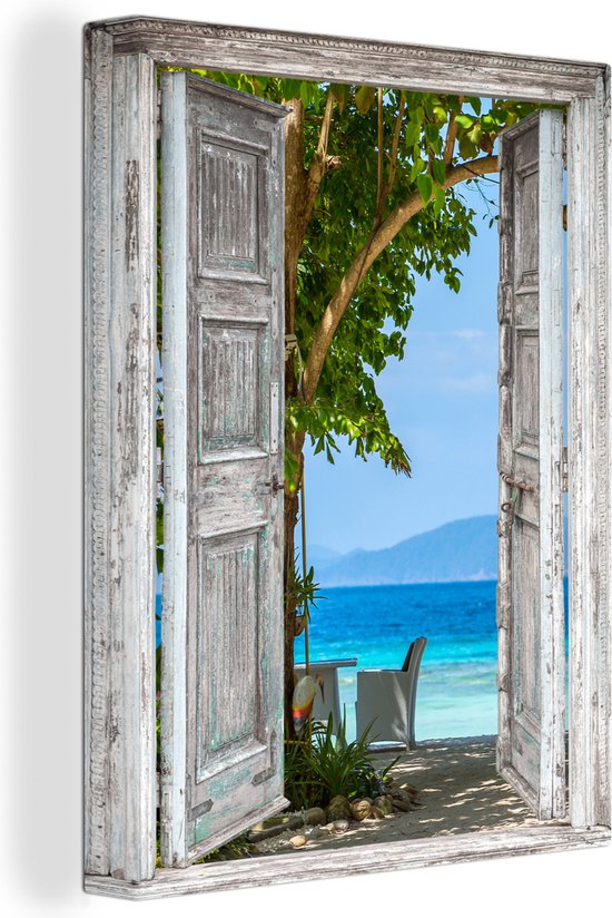 Canvas Schilderij Strand - Tropisch - Zee - Doorkijk - 90x120 cm - Wanddecoratie | bol