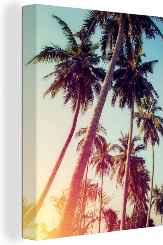 Canvas Schilderij Palmboom - Zomer - Retro - Zon - 90x120 cm - Wanddecoratie | bol