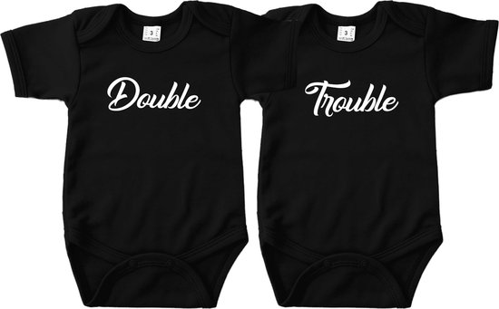 Tweeling - Double Trouble - Romper Zwart - Maat 56 - Tweeling Cadeau ...