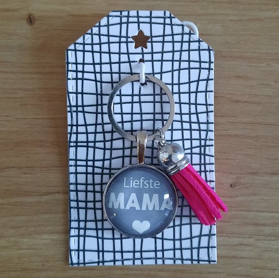 Sleutelhanger met teksthanger Liefste Mama grijs / donker roze | bol