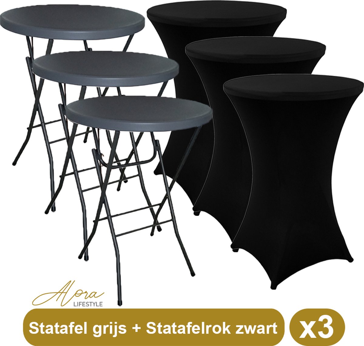 3x Grijze Statafel + Zwarte Statafelrok x 3 – 80 cm Dia x 110 cm hoog – Cocktailtafel... | bol.com