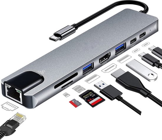 USB C Hub 3.0 Splitter 8 in 1 Met Voeding - Aluminium | bol.com