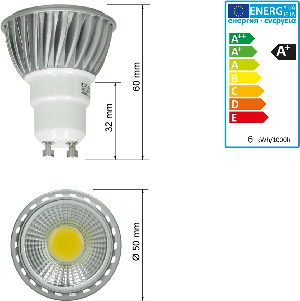Led Reflectorspot Koud Wit Gu10 6 Watt Uitvoering Cob Dimbaar