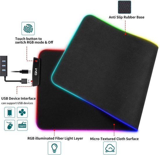 GIM - RGB gamingmuismat XL - LED Gaming Muismat - 80 x 30 cm -- 14 ...