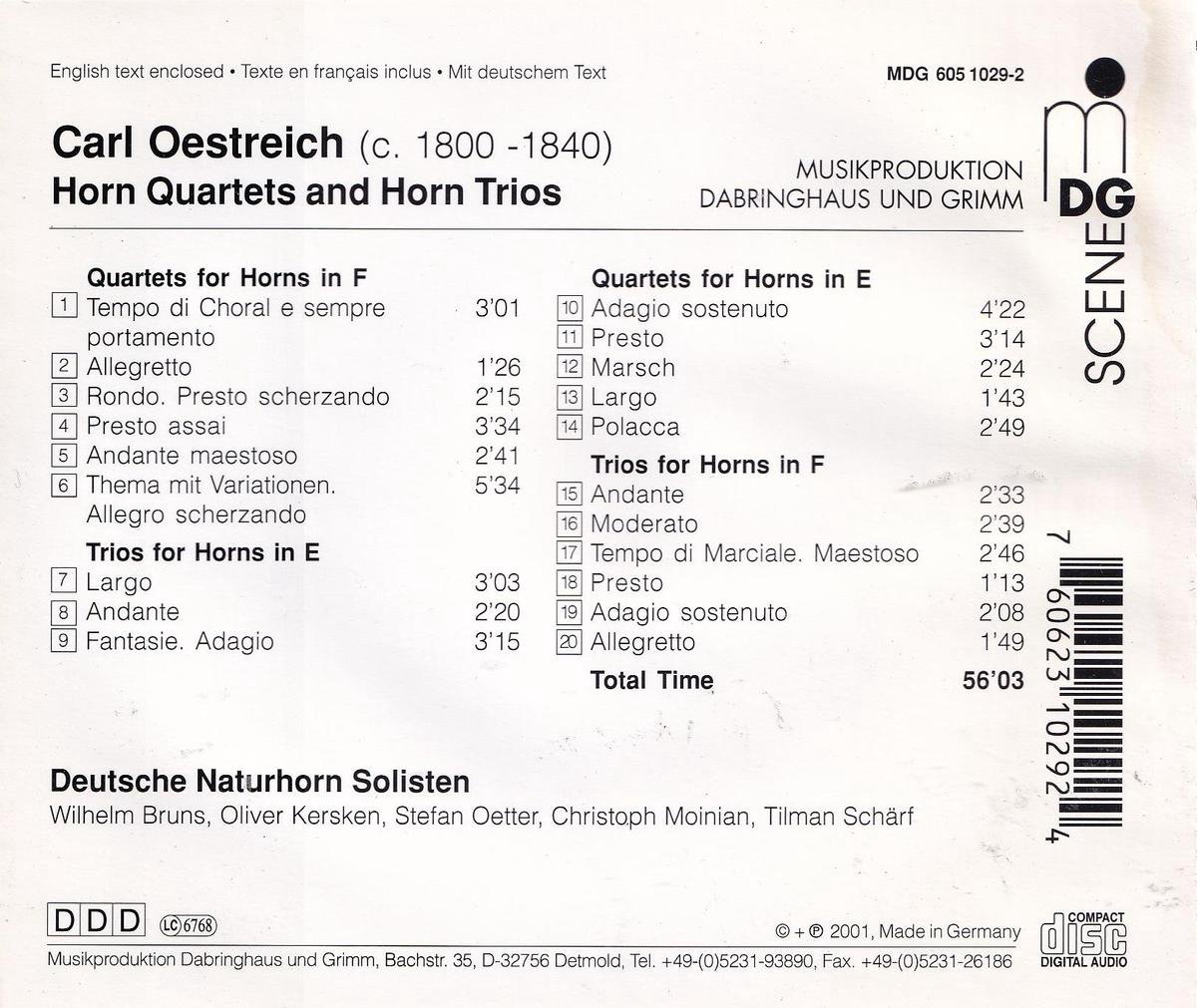 Horn Quartets and Trios - Carl Oestreich - Deutsche Naturhorn Solisten - Wilhelm... | bol.com