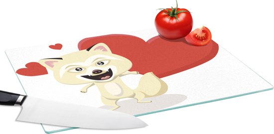 Glazen Snijplank - 39x28 - tekening van een witte poolvos met hartjes ...