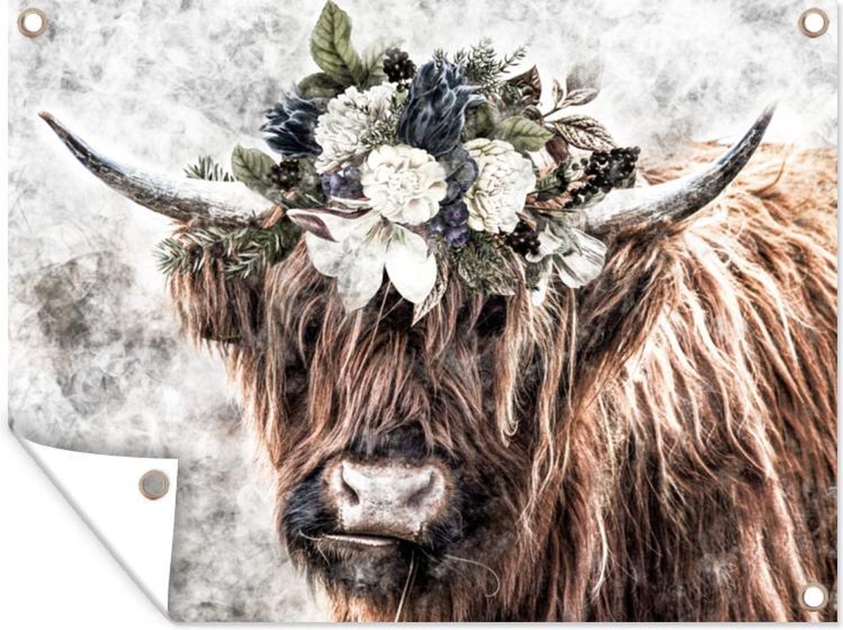 Muurdecoratie buiten Schotse hooglander - Rook - Flora - 160x120 cm ...