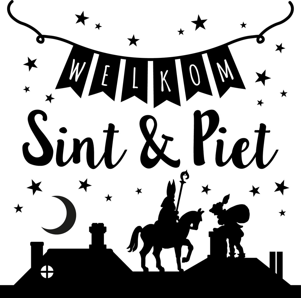 Sticker - Sinterklaas - Welkom sint & piet - formaat: 29x29 cm - 1 stuks - mat zwart -... | bol