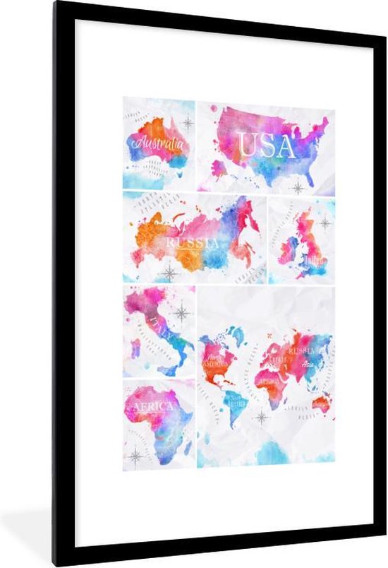 Fotolijst incl. Poster - Kaarten - - Waterverf - 80x120 cm ...