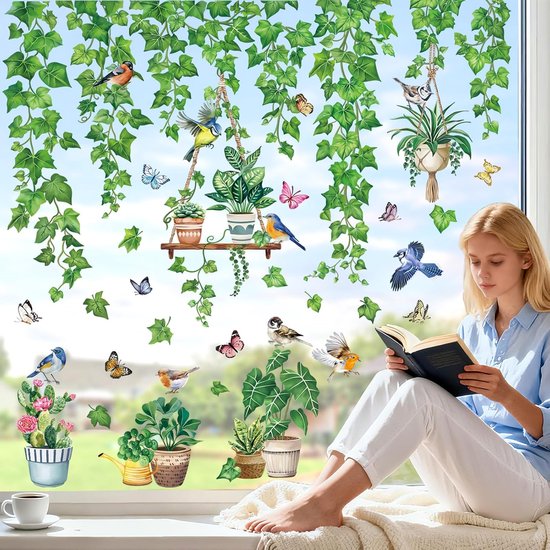 Hanging Vine Eucalyptus Leaf Window Clings - Groene Potplant - Vogel ...