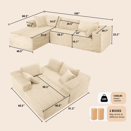 COMHOMA - 105 Inch Modulaire Bank - Diepe Zitting - L-vorm - Corduroy ...