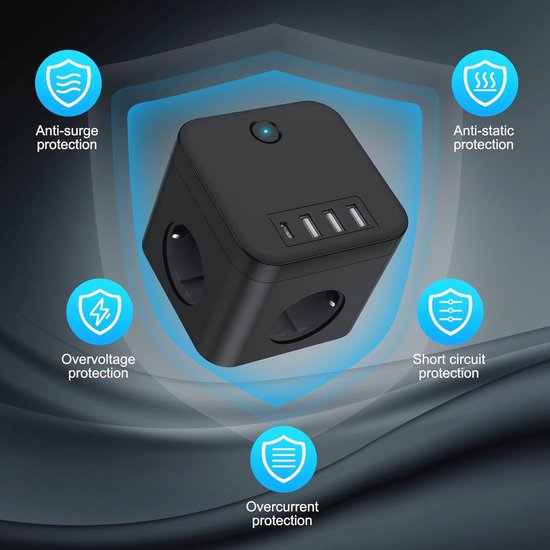 Meervoudig stopcontact met USB en Type-C, 3 stopcontacten en schakelaar ...